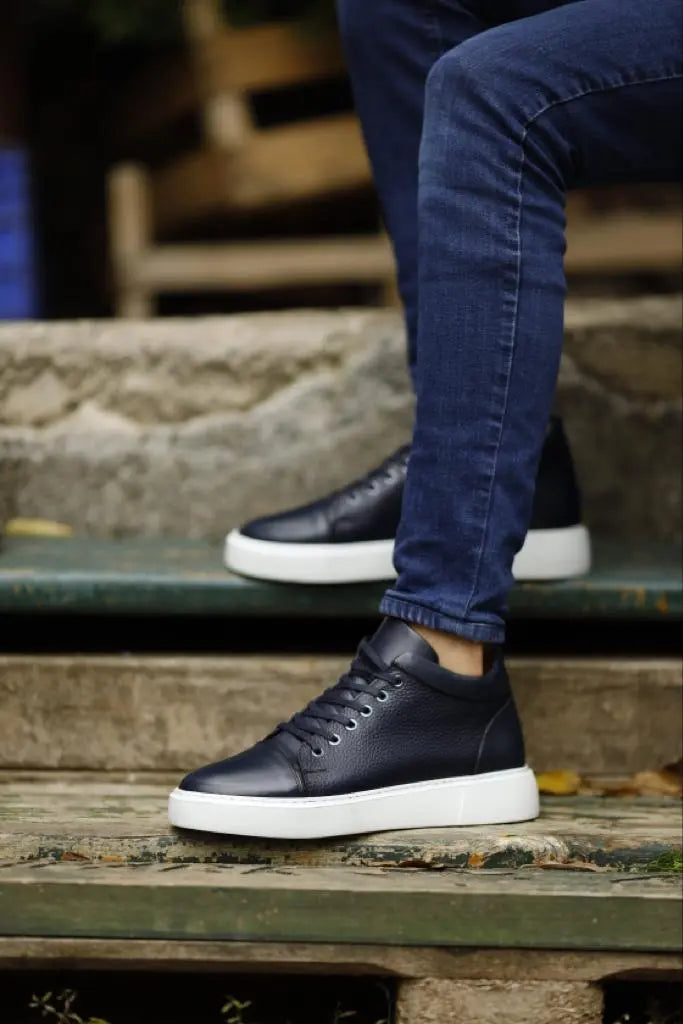 Lyon Navy Blue High Top Sneakers | Elegant Leather Shoes for Men – BRABION